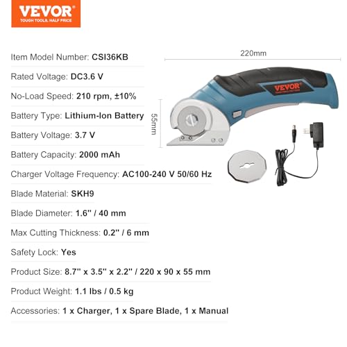 VEVOR Cordless Electric Scissors, 3.6V 2000mAh Mini Electric Rotary Fabric Cutter, 1.6" Sharp Blade, with Replacement Blade and Battery Charger, for Cutting Carpet, Cardboard, Leather, Paper, Plastic