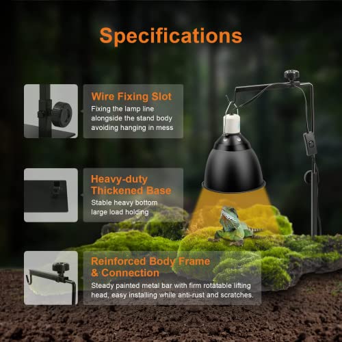 Simple Deluxe Reptile Lamp Stand Metal Floor Light Holder Basking Lamp-Holder Lamp-Support Bracket, Height Adjustable for Glass Terrarium Heating-Light, Amphibian and Aquarium Tank