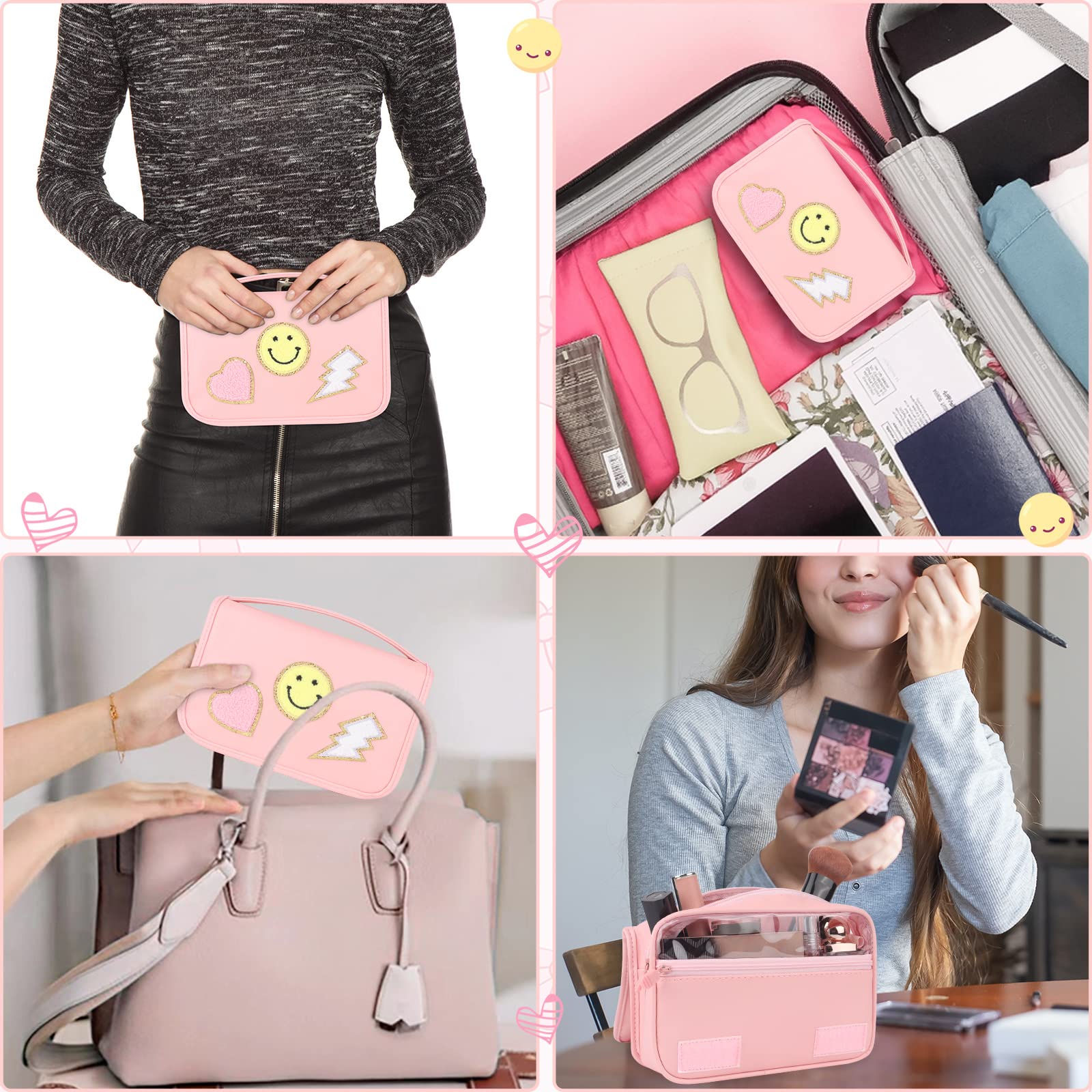SANCARDY ZOCHON Preppy Patch Makeup Bag PU Leather Small Cosmetic Bag Portable Waterproof Travel Organizer Cute Mini Makeup Bag for Women Gift Pink