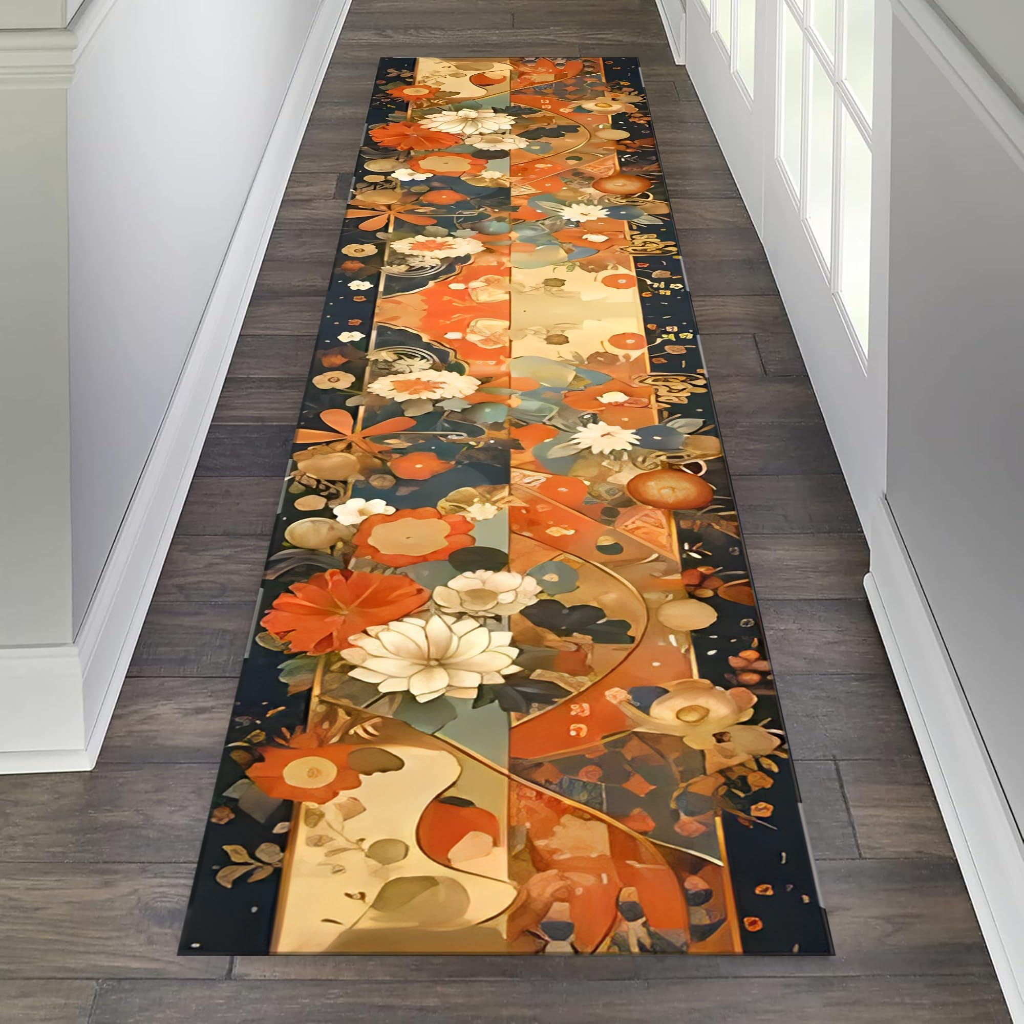 USHIRUG Floral Runner Rug, 1.3x7ft, Vintage Brown and Yellow Floral Rug, Featured Area Rug for Entrance Bedroom, Non-Slip Washable Runner Rug for Hallway Dining Room Laundry Room