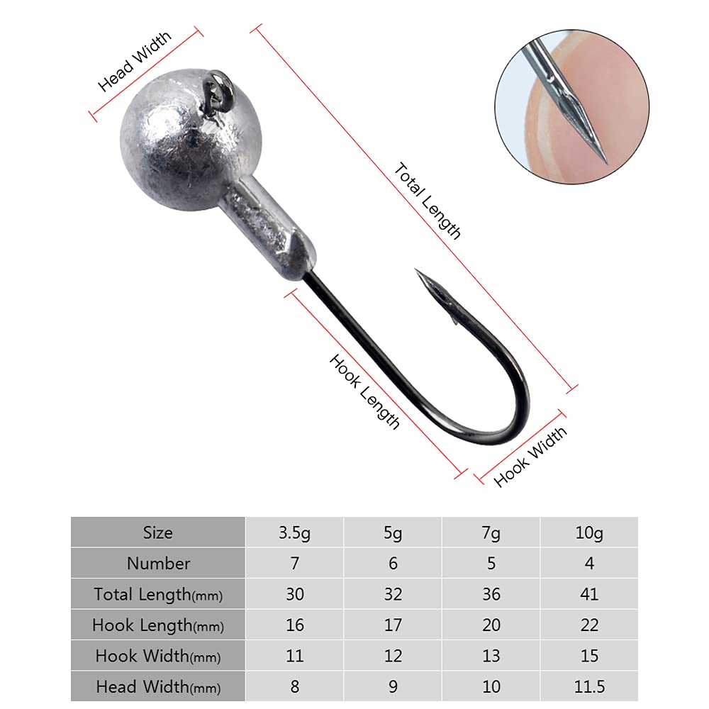 MengK 32 PCS Fishing Hook Ball Head Jig Worm Hook Fishhook for Saltwater Bottom Fishing with Tackle Box