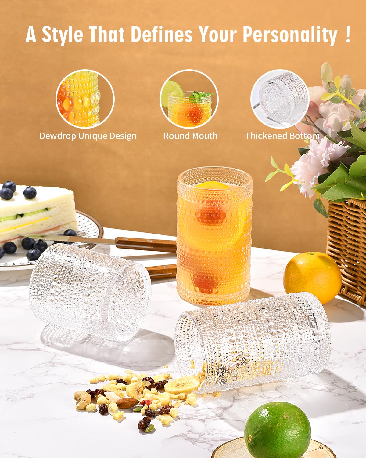 ISMASOAN Vintage Drinking Glasses Set of 8,Hobnail Glassware 14 oz and 12 oz,Bubble Glasses Drinking,Vintage Glassware,Beaded Glassware,Highball Glasses,Gift Box Set