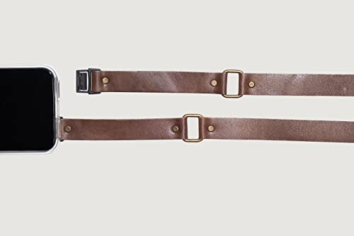 The Clutch Strap Cross-Body Adhesive Phone Carrying Strap with Brown Leather and Brass Hardware, 54-Inches