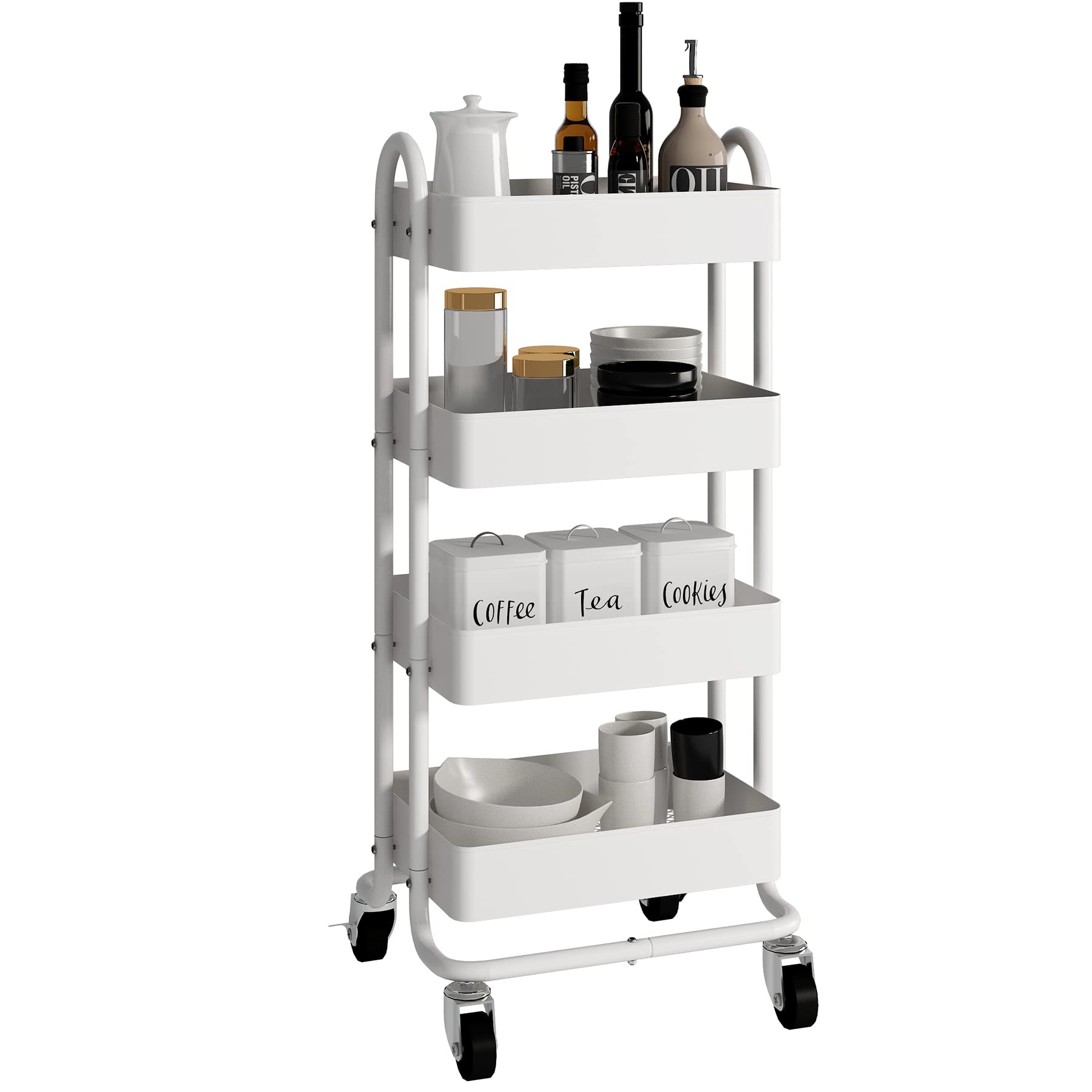 MIOCASA 4-Tier Metal Utility Rolling Cart, Heavy Duty Multifunction Cart with Lockable Casters, Easy to Assemble, Suitable for Office, Bathroom, Kitchen, Garden (White)