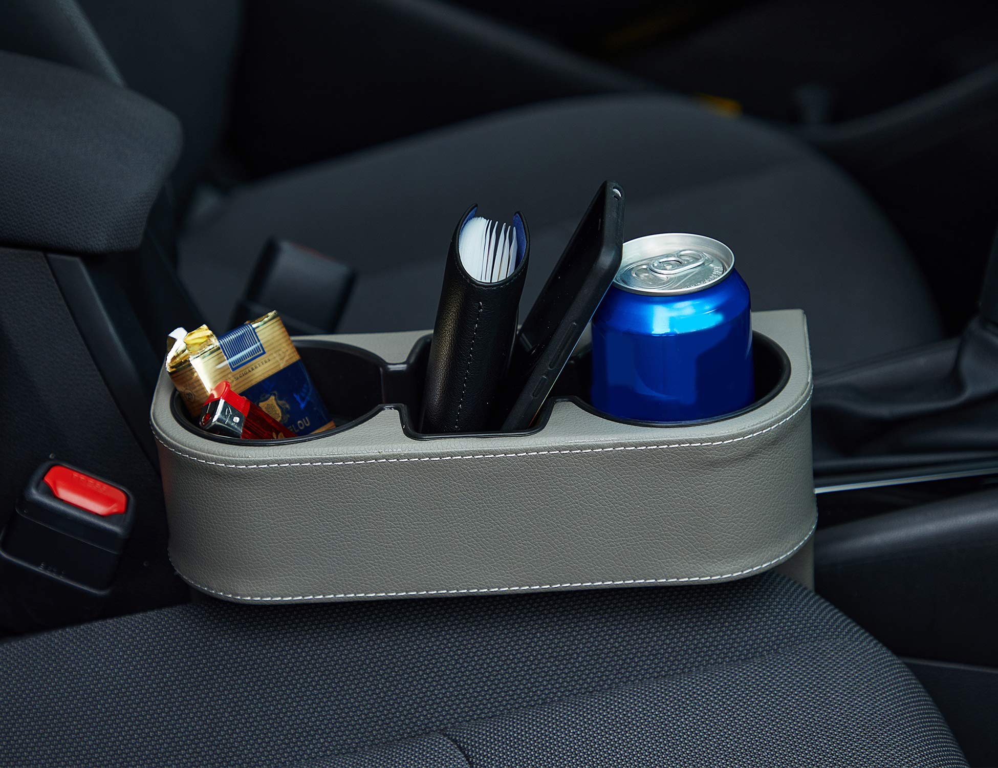 IOKONE Coin Side Pocket Console Side Pocket Leather Cover Car Cup Holder Auto Front Seat Organizer Cell Mobile Phone Holder (Gray)
