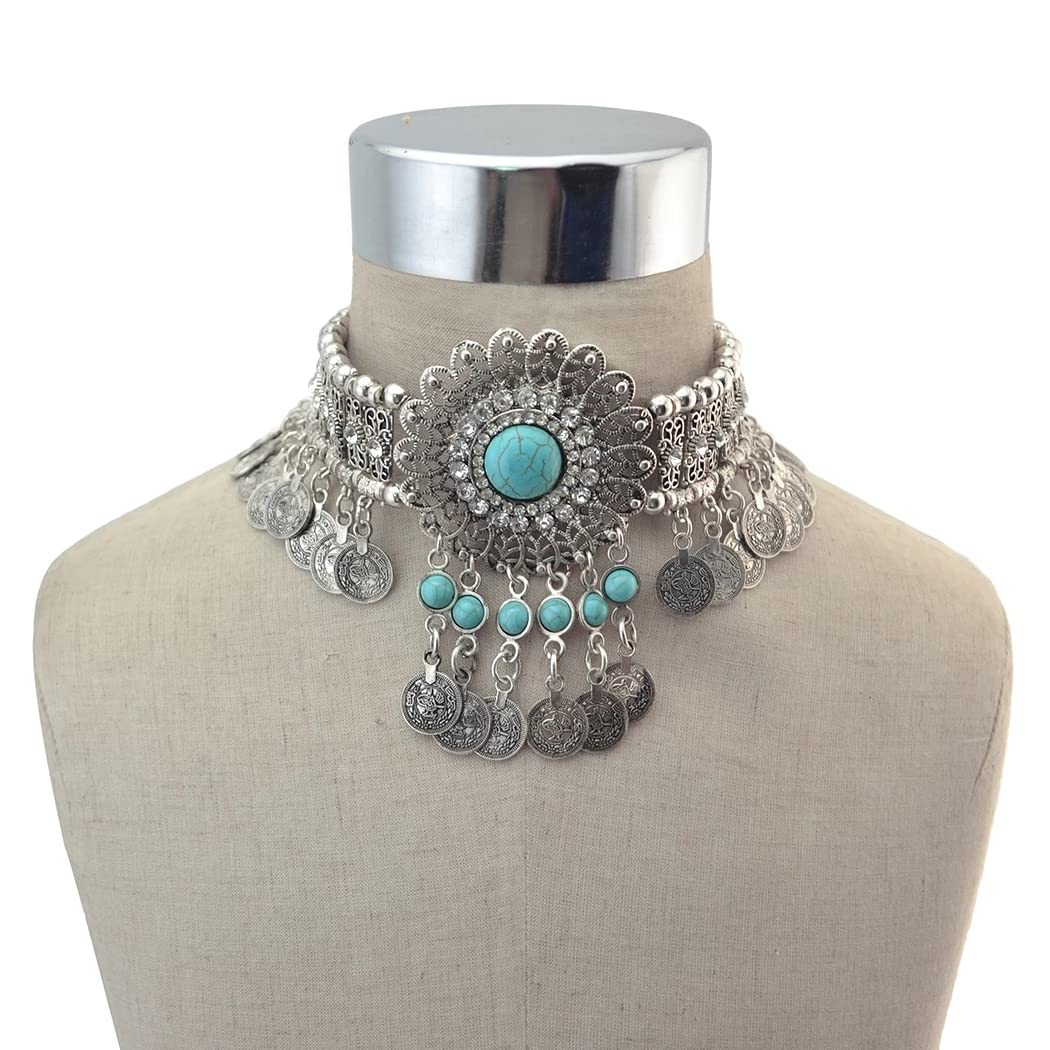 idealway Retro Boho Tribal Tassel Collar Bib Chain Chunky Pendant Statement Necklace Choker for Women (Silver)