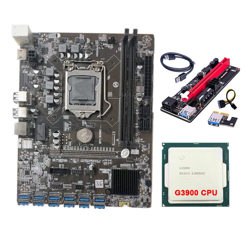 UNNIC B250C BTC Mining Motherboard+G3900 CPU+VER009S Riser 12XPCIE to USB3.0 GPU Slot LGA1151 Support DDR4 RAM Motherboard