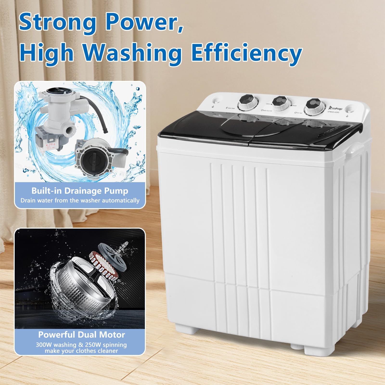 Winado 20LBS Portable Washing Machine, Compact Mini Washer Machine & Dryer Combo, Built-in Gravity Drain, Small Twin Tub Washer with Spin Cycle for Laundry Room, Apartments, Dorms, RV's (Black)