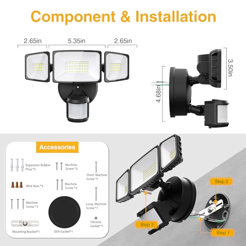 Onforu LED Security Lights Motion Outdoor, Flood Lights Outdoor Motion Sensor Light, Motion Detector Lights for Outside, 50W, 5000LM, 6500K, IP65 Waterproof, 3 Adjustable Heads