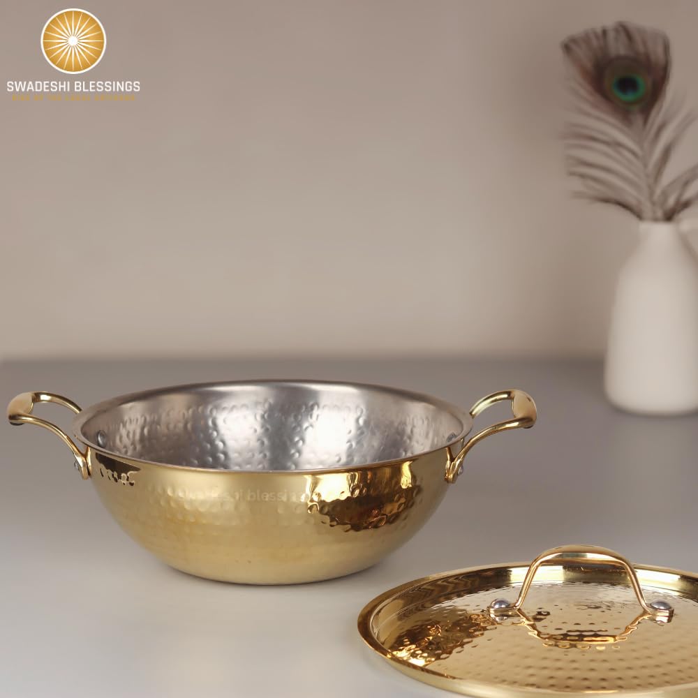 Swadeshi Blessings Exclusive Range Brass Kadai for Cooking with Lid/Teflon-Free/Naturally Non-Stick Brass Utensils with Tin Coating (2 Litres)