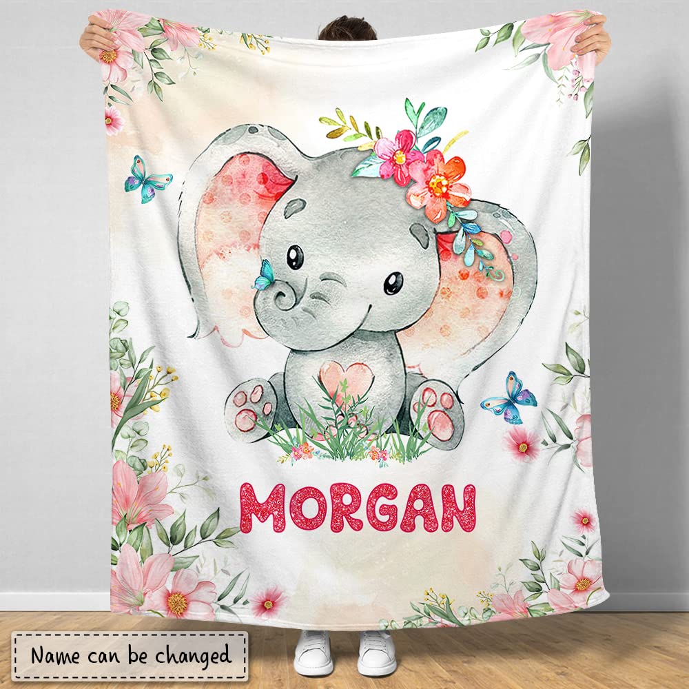 SANDJEST Personalized Baby Blanket Lovely Elephant Custom Name Fleece Throw Blanket Customized Gift for Baby New Mom Newborn Shower