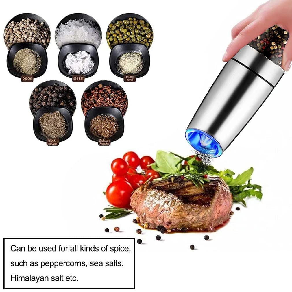 Premium Gravity Electric Salt and Pepper Grinder Set of 2, Automatic One Hand Pepper Mills with LED Light, Automatic Pepper and Salt Mill Grinder Battery-Operated with Adjustable Coarseness