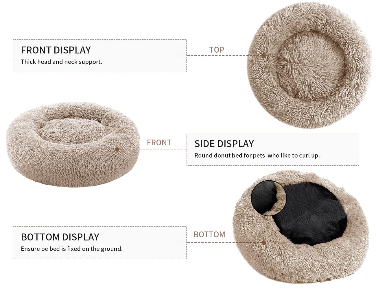 CEVICOLZE Small Cat Bed for Indoor Cats, Self-Warming Donut Kitty Bed for Small Cats Keeping Warm, Washable Pet Bed with Anti Slip Base, Khaki 15.8‘’