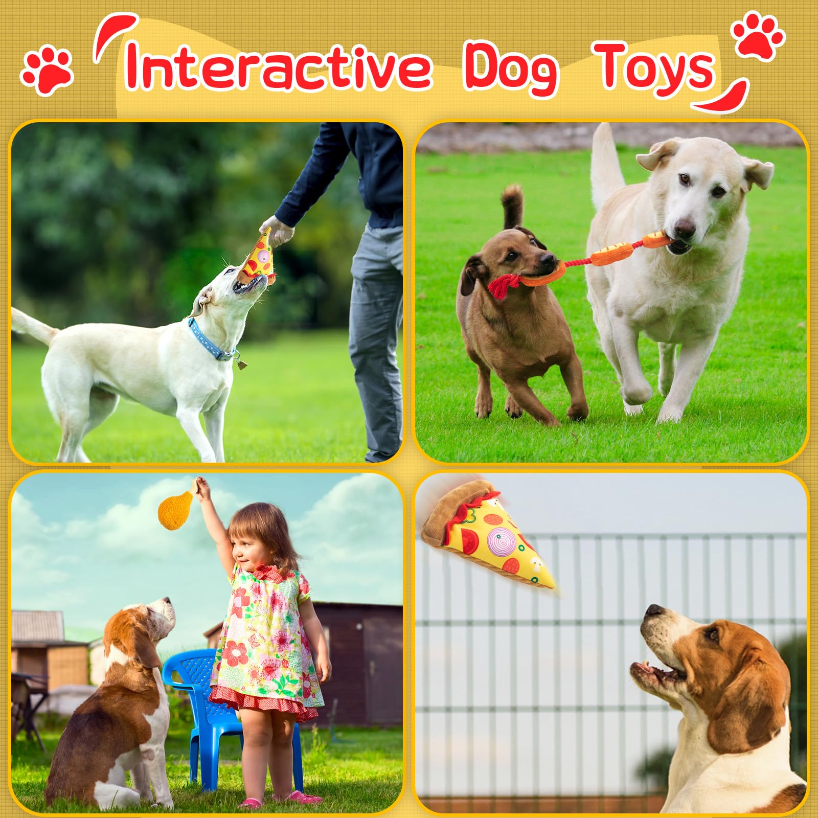 Squeaky Toys for Dogs – Fun Interactive Food-Themed Set,Pizza,Drumstick,and Sausage Rope,Durable Tug Toy and Chew Toy,Ideal for Small & Medium Dogs and Strong Chewer,Safer Non-Toxic Materials