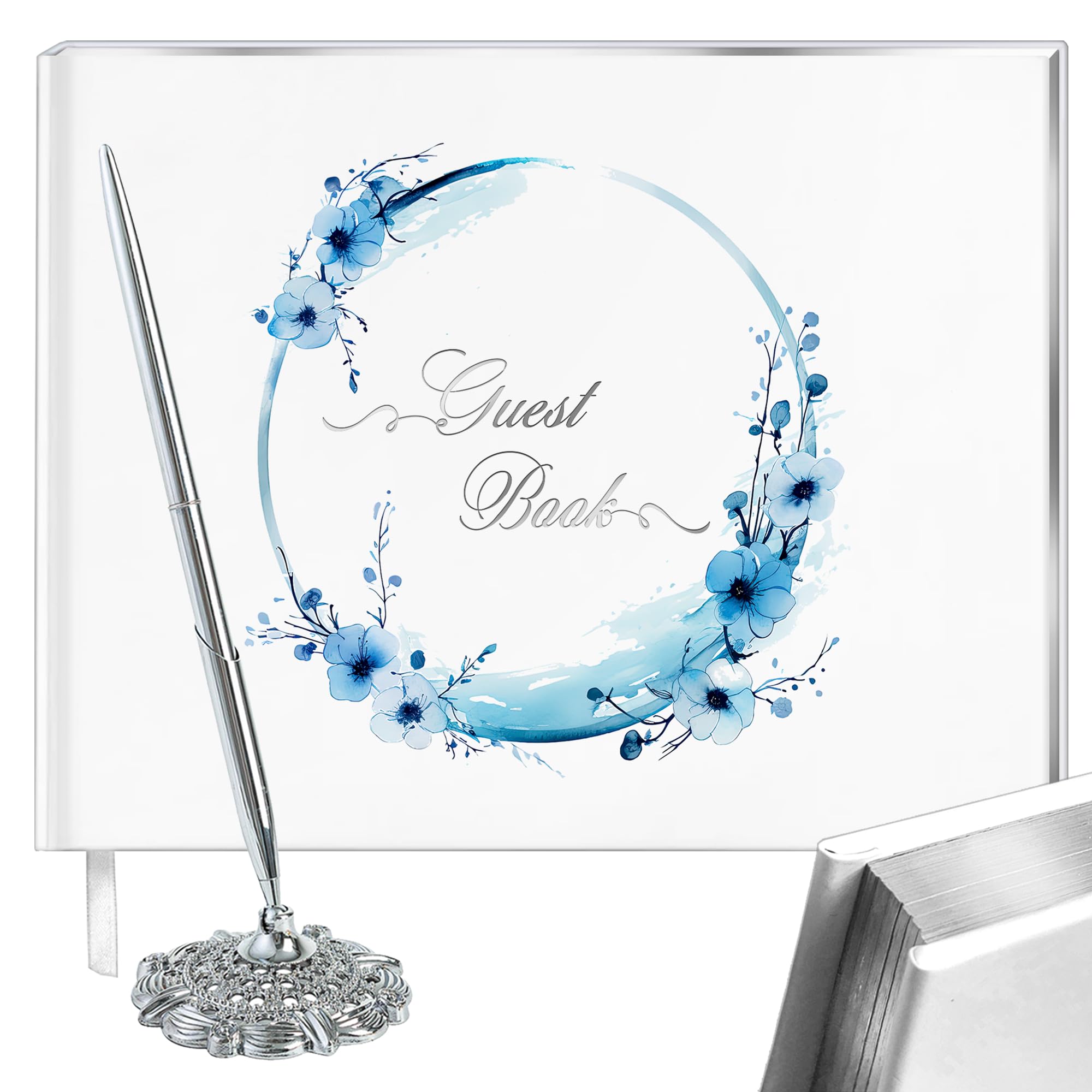 Wedding Guest Book Set includes 3 items , Wedding with a Metal Silver Pen , Guest Book With a Hardcover , Guest Book Wedding Reception Has 110 White Pages , Blank Book is White with Silver Details.