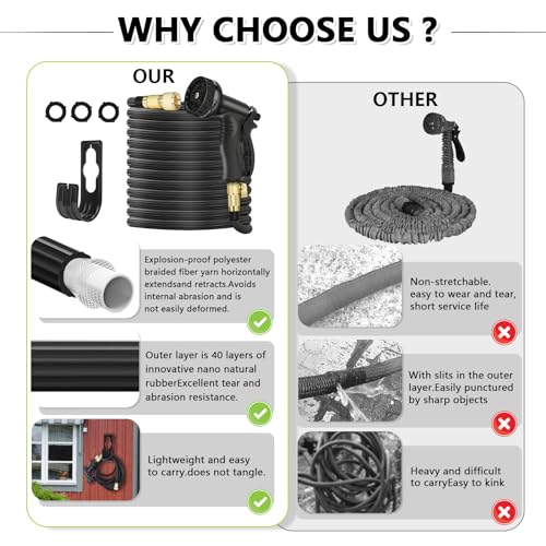 Quisky Expandable Garden Hose 50ft, 25ft 75ft 100ft with 10-Function Nozzle,Nano Rubber latex High Elastic Leak-Proof Multi-Layer Hose Pipe with Holder,3/4" Solid Brass Connectors Fittings Lightweight
