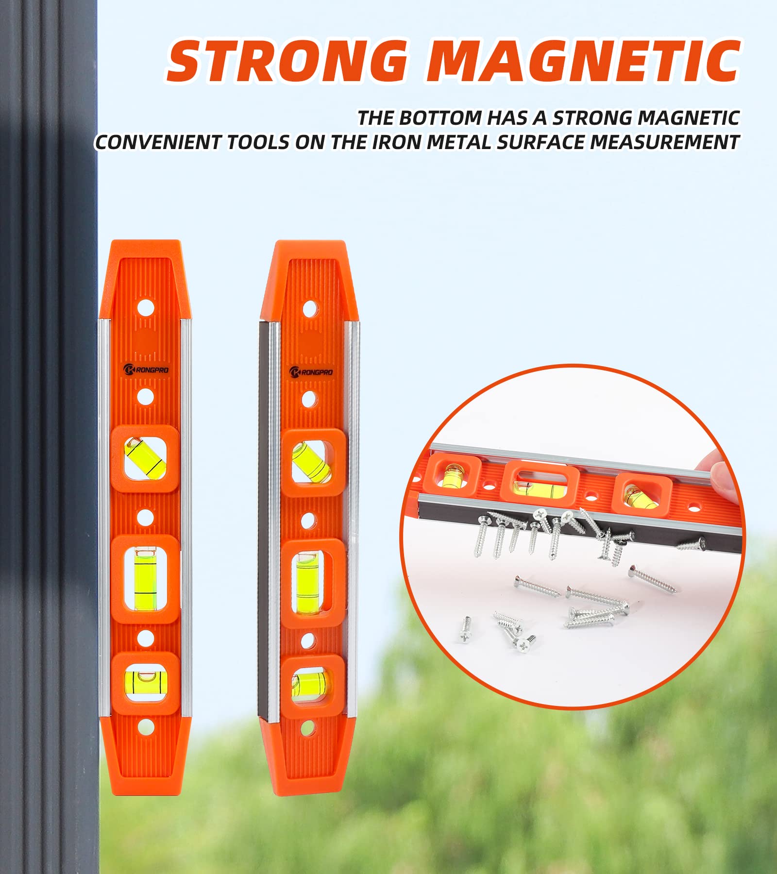 RONGPRO 9 Inch Torpedo Level Magnetic Box Level, Measuring Shock Resistant Torpedo Level with 45°/90°/180° Bubbles, Orange - 2 PCS