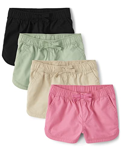 The Children's Place Baby Toddler Girls Cotton Pull on Shorts, Pink/Straw/Green/Black 4-Pack, 2T