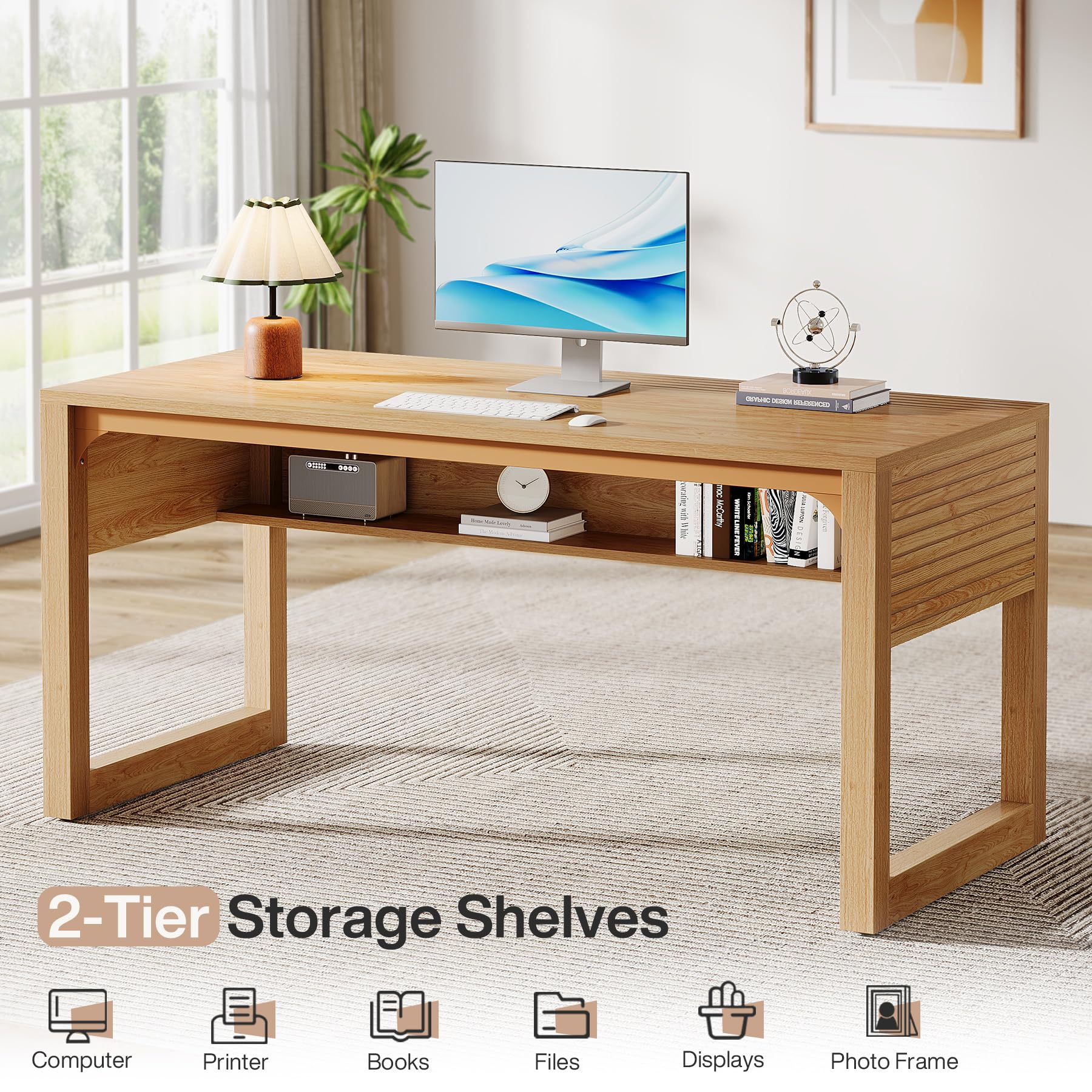 Tribesigns 63-Inch Computer Desk with Bottom Storage Shelf, Modern Home Office Desk Writing Table with Thickened Desktop, Wood Executive Desk Workstation, Natural