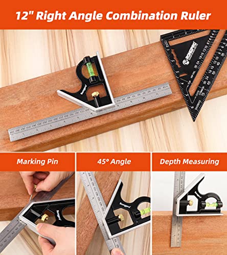 RONGPRO Rafter Square and Combination Square Tool Set, 7 Inch Triangle Carpenter Square Die-cast Aluminum Alloy and 12 Inch Zinc-Alloy Die-Casting Combo Square Ruler - Rafter Square Layout Tool
