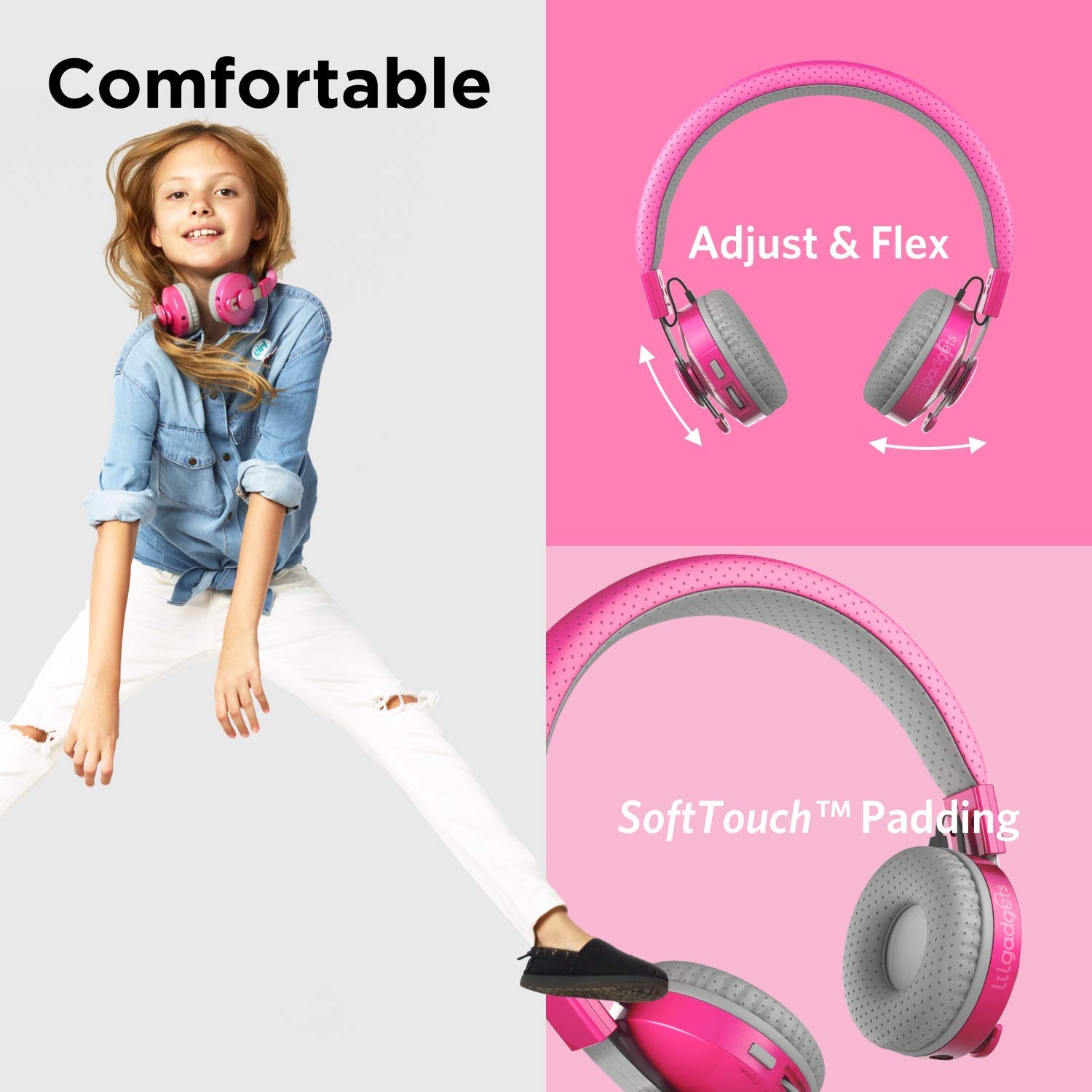 LilGadgets Untangled PRO Kids Premium Wireless Bluetooth Headphones with SharePort and Microphone (Children) - Pink (Renewed)