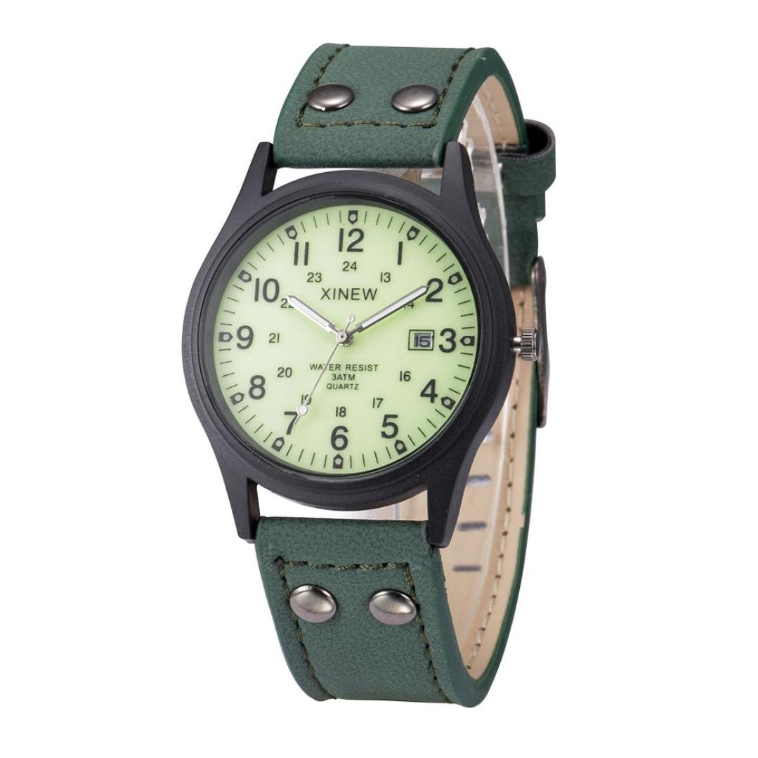 IEason,Vintage Classic Men's Waterproof Date Leather Strap Sport Quartz Army Watch (Light Green)
