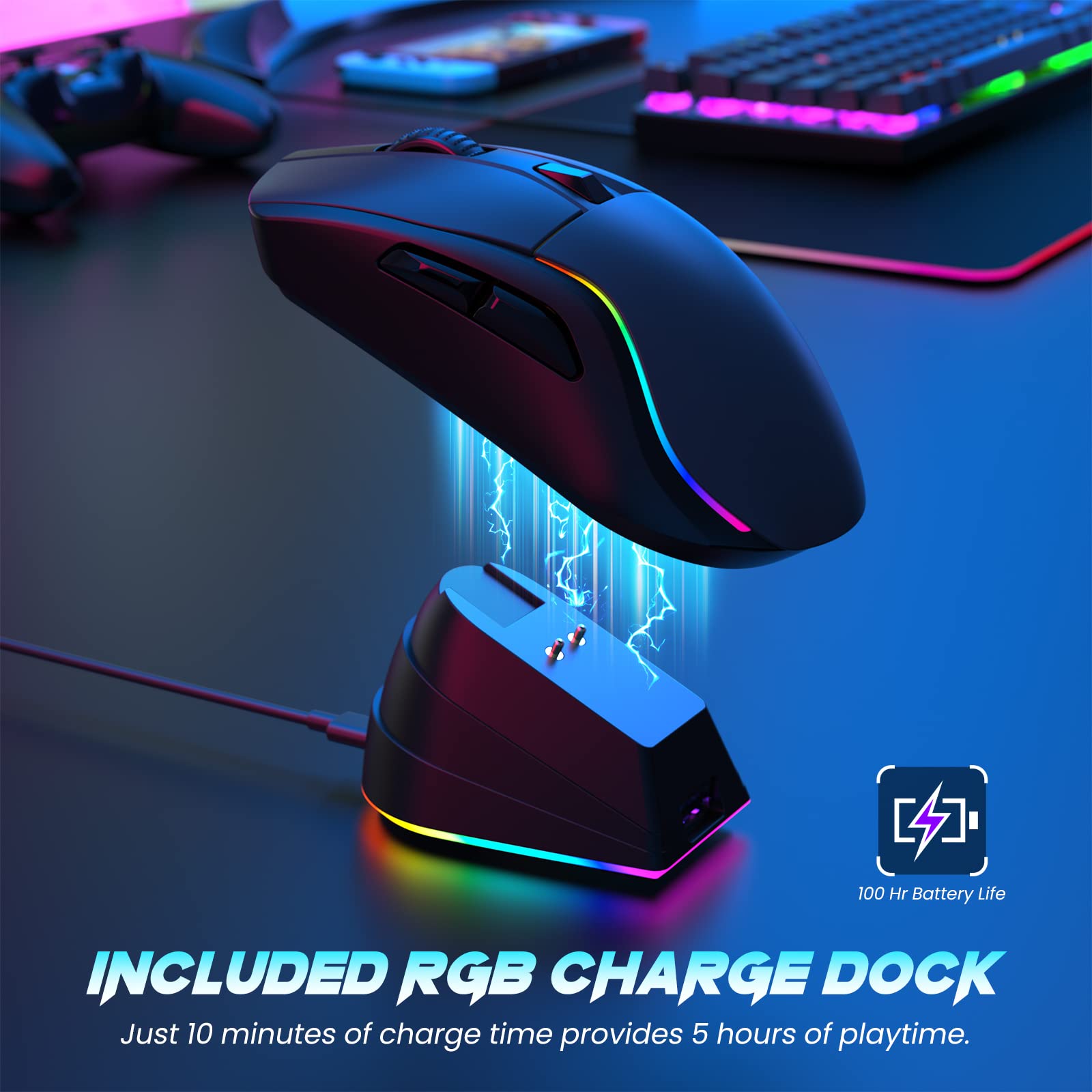 RisoPhy Wireless Gaming Mouse with RGB Magnetic Charging Dock, Lightweight Tri-Color Backlit, Buttons Fully Programmable, for PC, Mac
