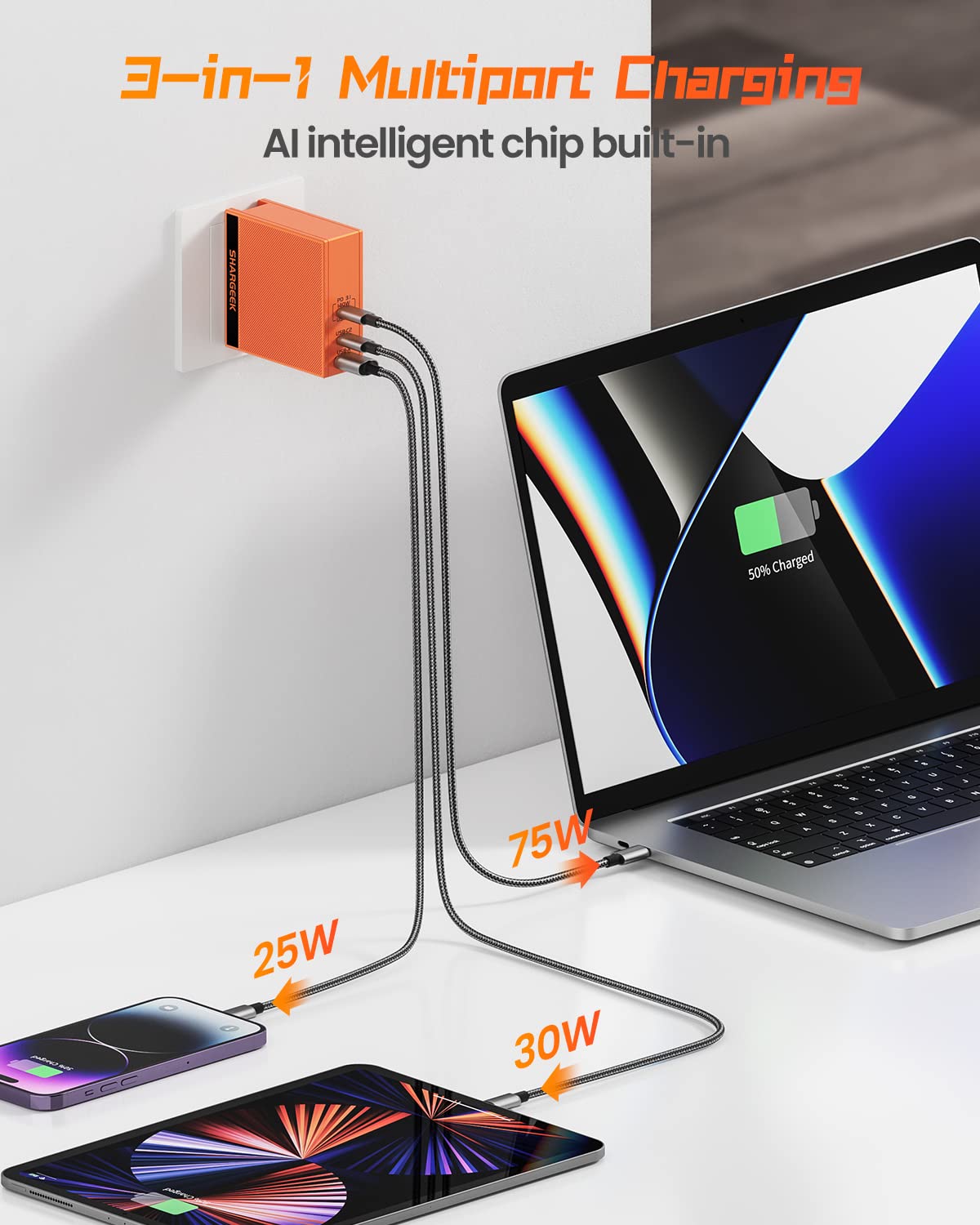 Shargeek STORM2 100W Power Bank 25600mAh with Transparent Case and IPS Screen 140W USB C Fast GaN Charger PD3.1 Wall Charger