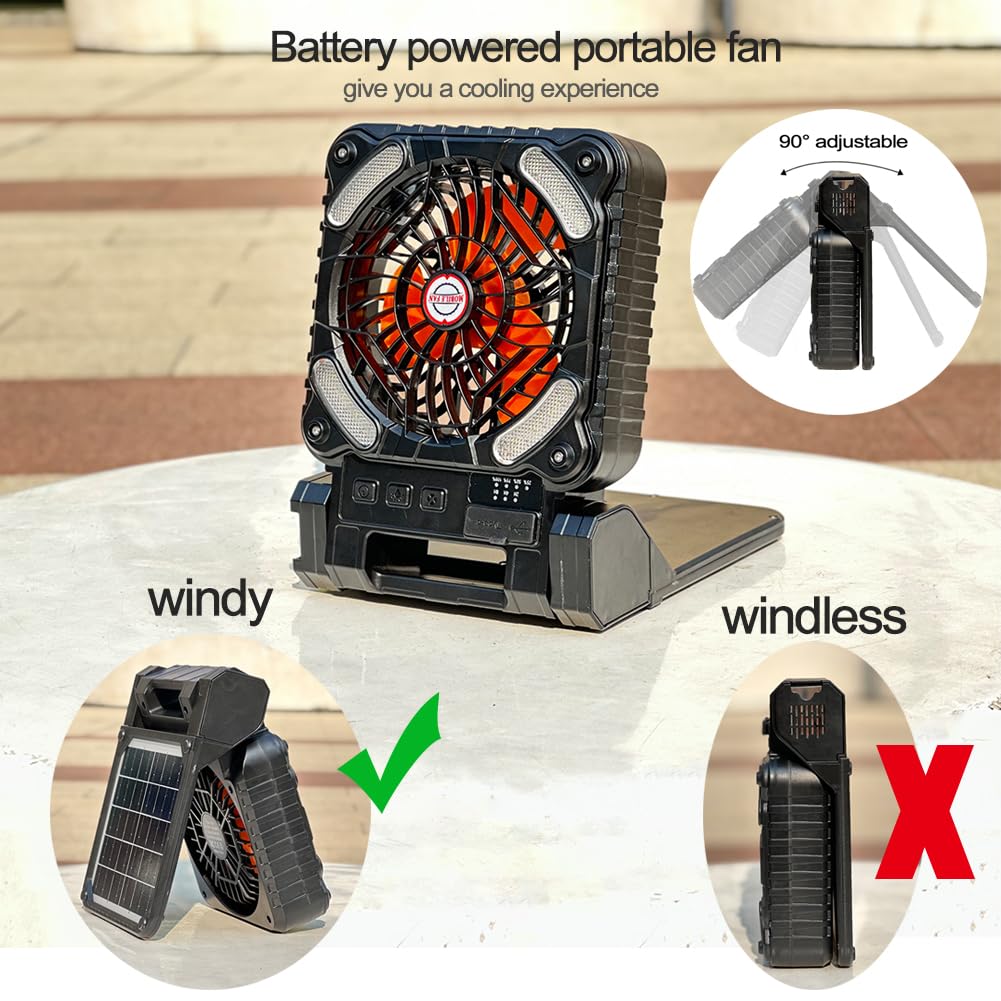 Sireck Solar Powered Camping Fan with LED Lantern,10000mAh Rechargeable Battery Operated Portable Fan,4 Speeds/Timer/Power Bank 90° Folding USB Personal Desk Fan (Black&Orange)