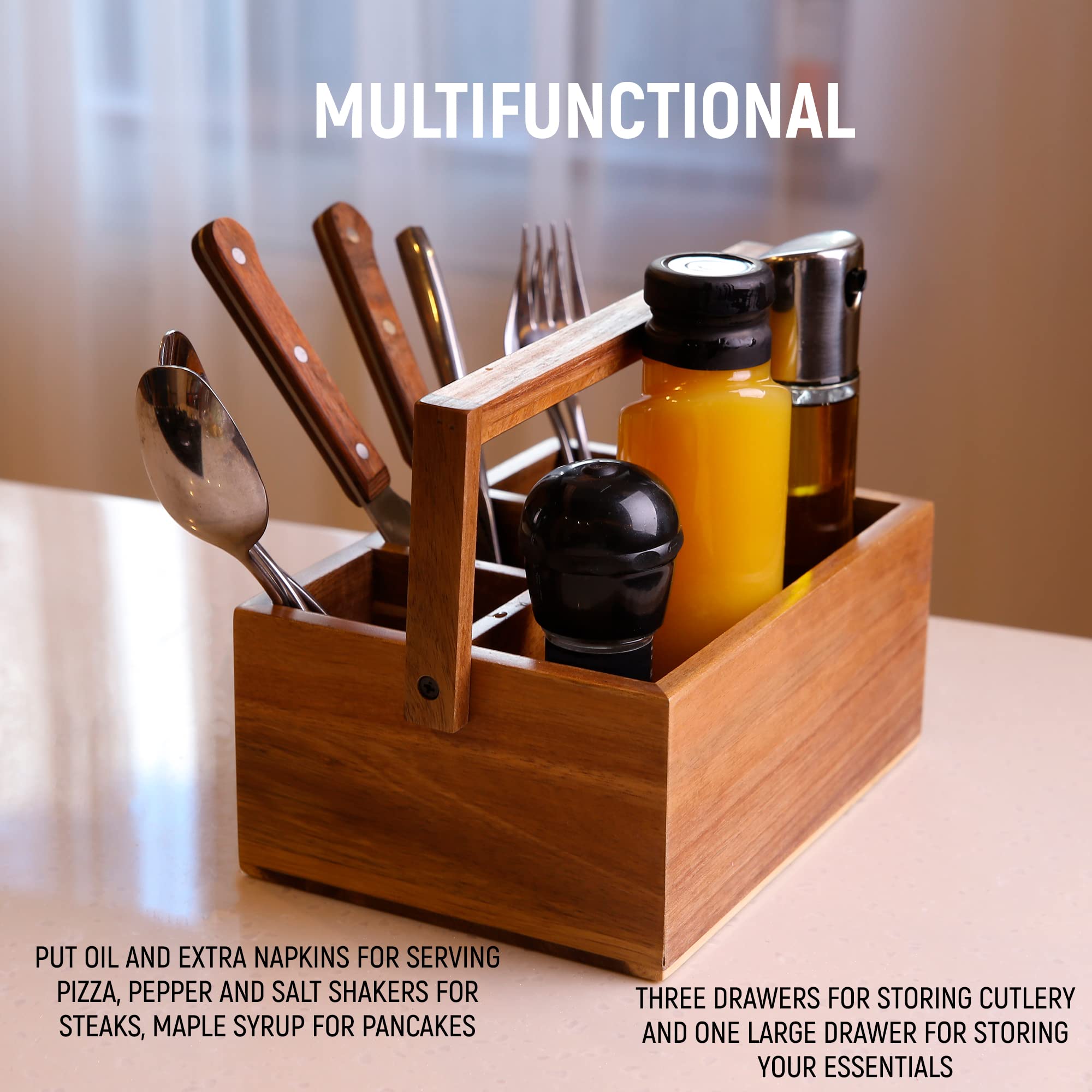 Qualerica Acacia Silverware Caddy with Handle, Rustic Utensil Holder with Handle for Farmhouse Kitchen Decor, Mulip-pose Organizer for Kitchen, Bathroom, Office, Bedroom (Four Compartments)