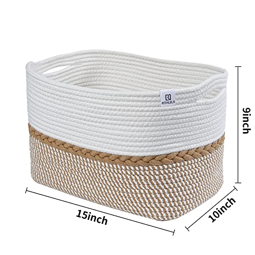 RITHLELA Woven Baskets 15"x10"x9" Cotton Rope Cube Storage Baskets Set of 3 Decorative Baskets Closet Cloth Storage Baskets and Bins for Shelves with Handles for Blanket, Laundry, Clothes - Light Tan