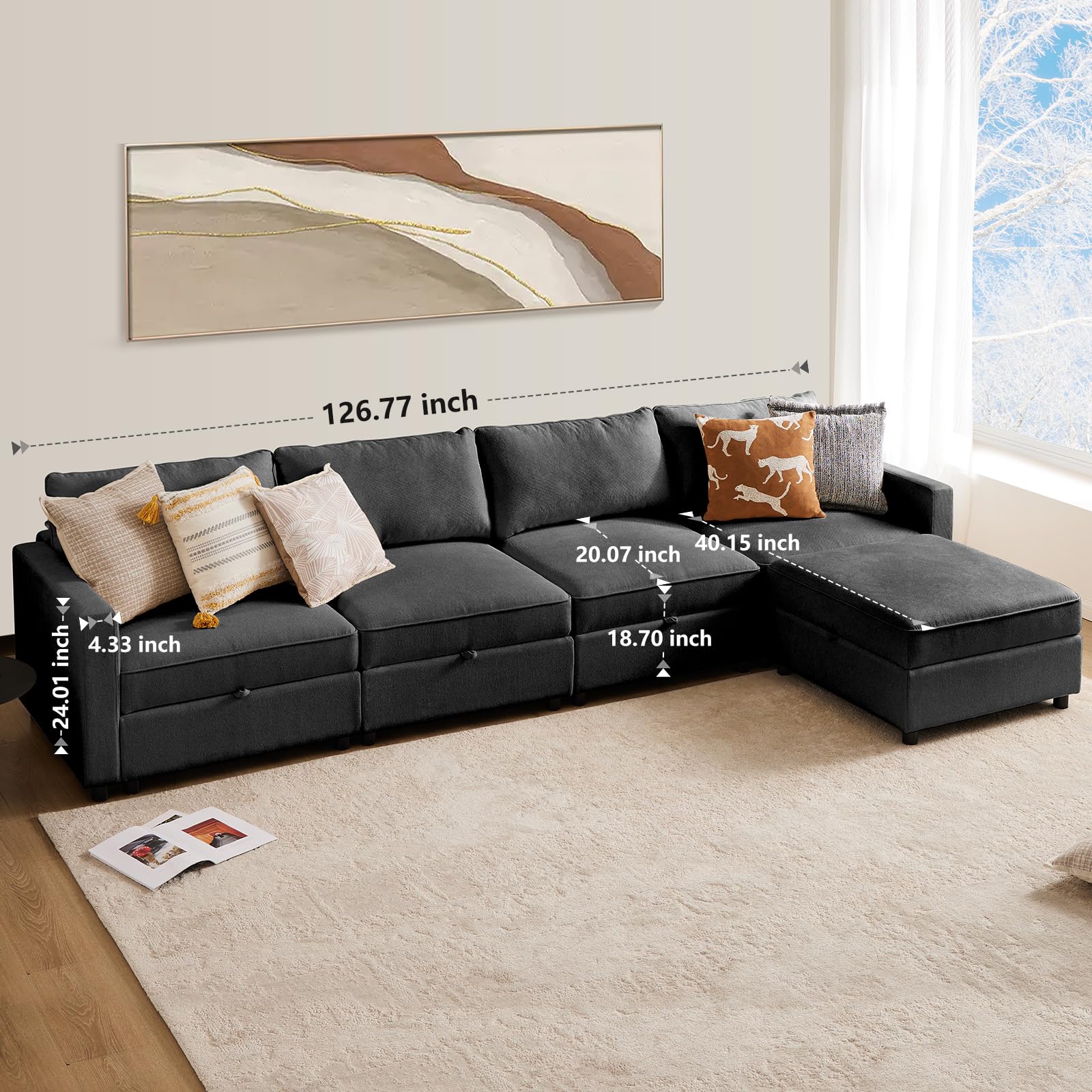 Sweetcrispy Convertible Small Sectional Sofa Couch, 5 Seat 6 Back Sofa Set with Large Storage for Living Room, L-Shaped Modular Sofa Sleeper with Ottoman, Comfy Sofa Couch with Extra Deep Seats, Grey