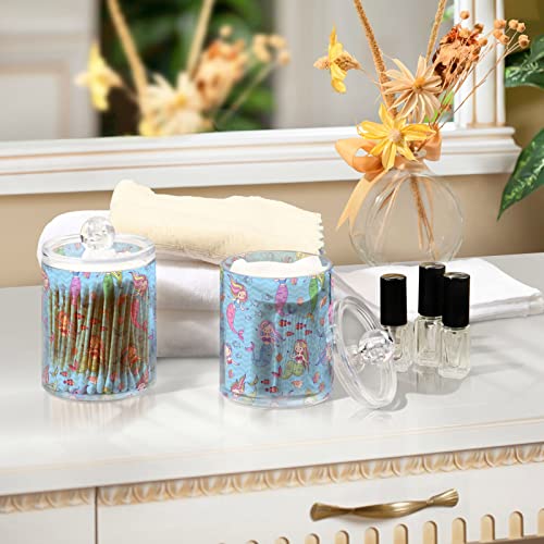 xigua 2 Pack Mermaid Qtip Holder Dispenser with Lids 14 oz Bathroom Storage Organizer Set,Clear Apothecary Jars Food Storage Containers for Tea,Coffee,Cotton Ball,Cotton Swab,Floss