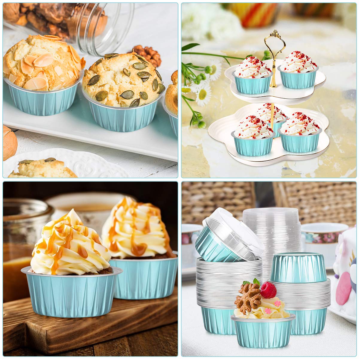 Ramekins with Lids, 25 pcs 5 oz Blue Foil Dessert Baking Cups Holders, Cupcake Liners for Baking โUtility Clear Pudding Cups for Wedding,Christmas,Kitchen,Birthday Party,Various Holiday Parties