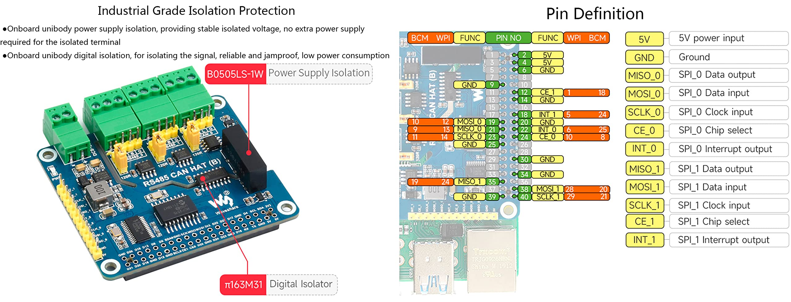 RS485 CAN HAT (B) for Raspberry Pi 4B/3B+/3B/2B/Zero/Zero W/Zero 2W/ Zero 2WH, 2-Ch RS485 and 1-Ch CAN, Industrial Grade Isolation Protection, Bulit-in ADI Magnetical Isolation, TVS Diode, etc