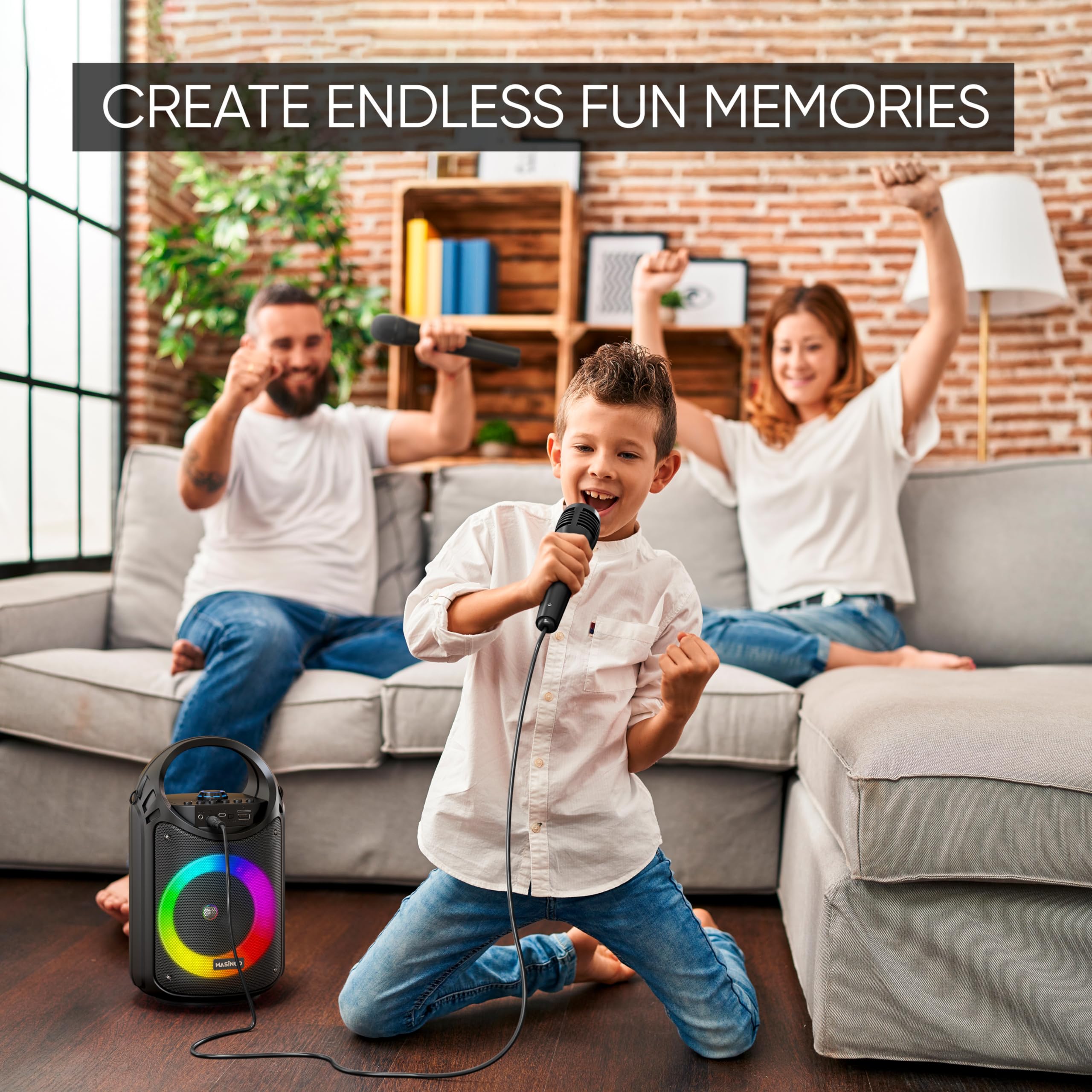 MASINGO Karaoke Machine for Kids and Adults with 1 Wireless Karaoke Microphone and 1 Wired Mic, PA Portable Speaker with LED Lights, Supports TF Card/USB, AUX/MIC in, TWS for Home Party, Burletta C10