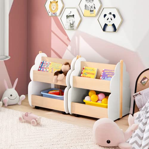 UIIAIOUIAIO Kids Bookshelf, 2-Tier Wooden Storage Shelf Book Rack with Universal Wheel