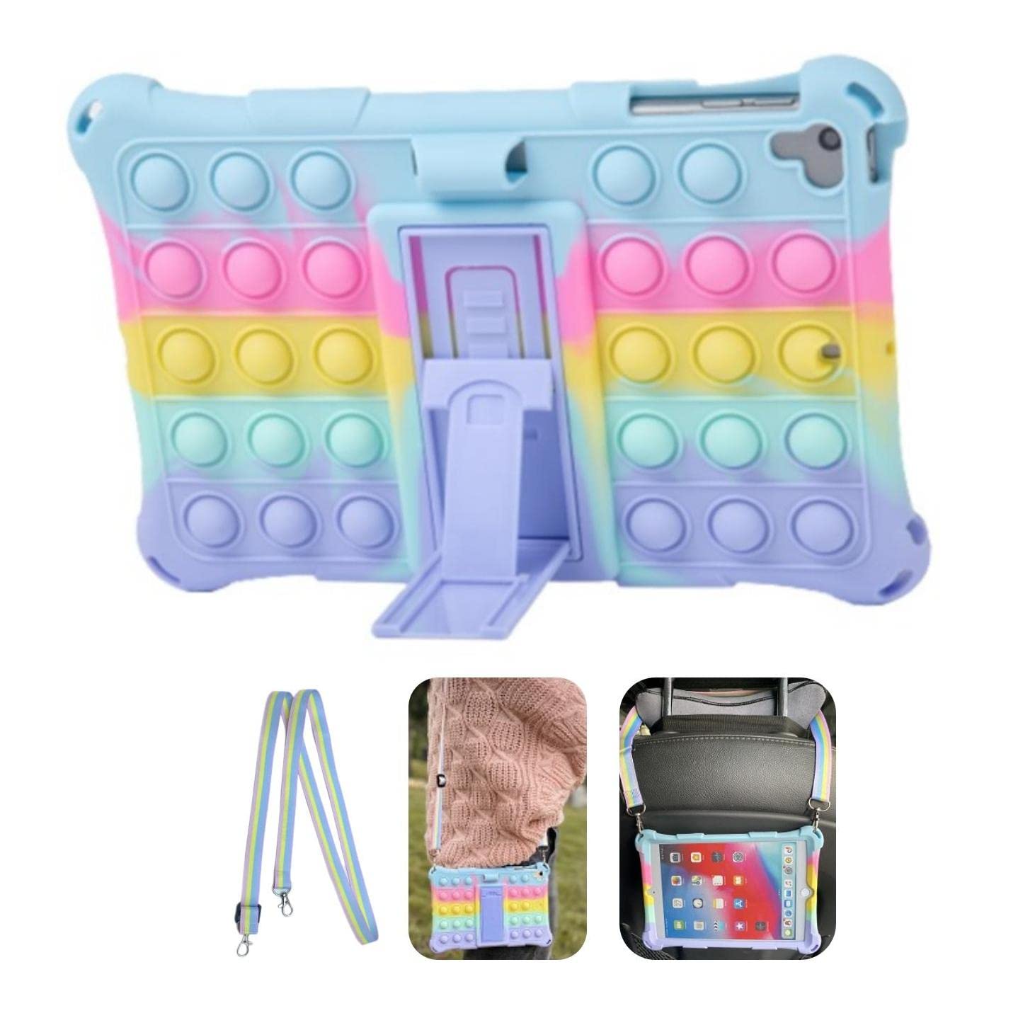 IPad Mini 5 4 3 2 1 Case 7.9 inch, UFAINEI Cute Silicone Cases for Apple IPad Mini 12345 Protective Cases with Pencil Holder Kickstand and Detachable Shoulder Strap-Rainbow Blue