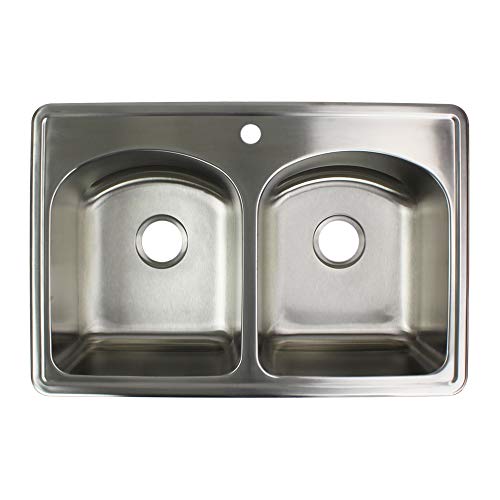Transolid K-MTDD33229-1 Meridian 1-Hole Drop-in 50/50 Double Bowl 16-Gauge Stainless Steel Kitchen Sink Kit, 33-in x 22-in x 9-in, Brushed Finish