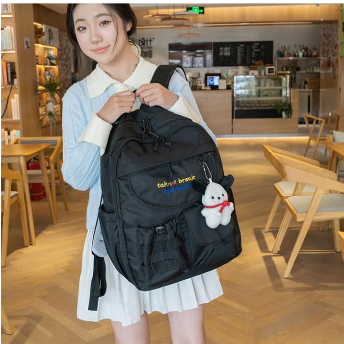 UIVXXUD Waterproof Nylon Backpack with Cute Design | Fits 14-Inch Laptop | Multiple Compartments | Lightweight | Bonus Dog Pendant (Black)