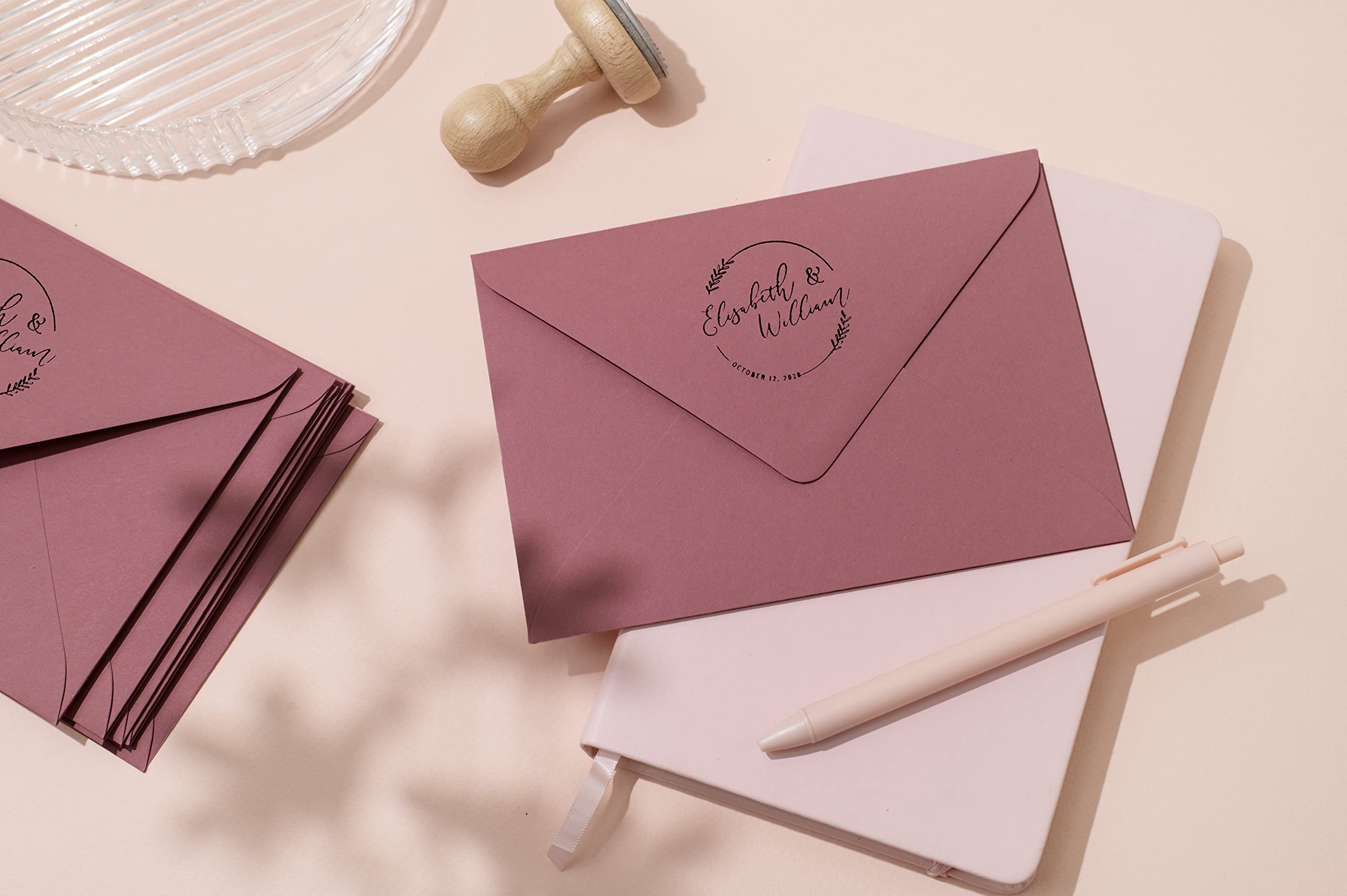 Stamp by Me | Custom Wedding Stamp | Wedding Stamp | Personalized Stamp | 12 Exclusive Designs | Wooden Stamp | Ideal for Envelopes and Wedding Invitations | Names and Date | Circular Flower Wreath
