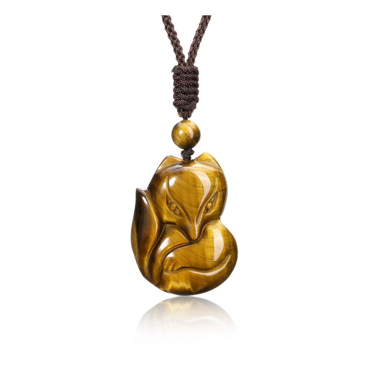 Jovivi Healing Crystal Necklace Natural Tiger Eye Stone Fox Lucky Charm Amulet Bead Pendant Necklace Gemstone Jewelry Adjustable Rope
