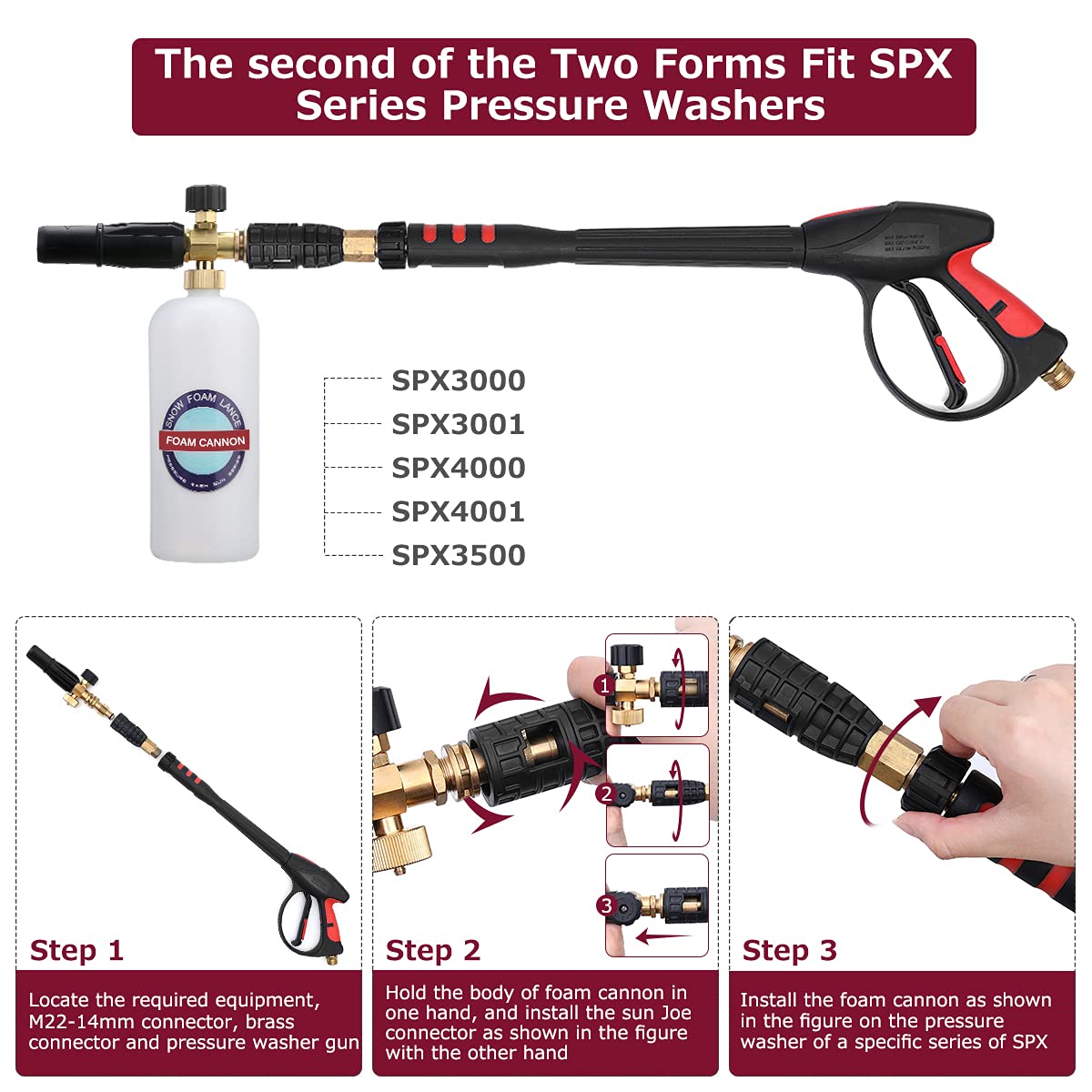 MATCEE Foam Cannon for Sun Joe SPX Series Pressure Washer Adjustable Snow Foam Lance Power Washer Gun Jet Wash Brass Quick Connector Foam Blaster 0.22 Gallon Bottle