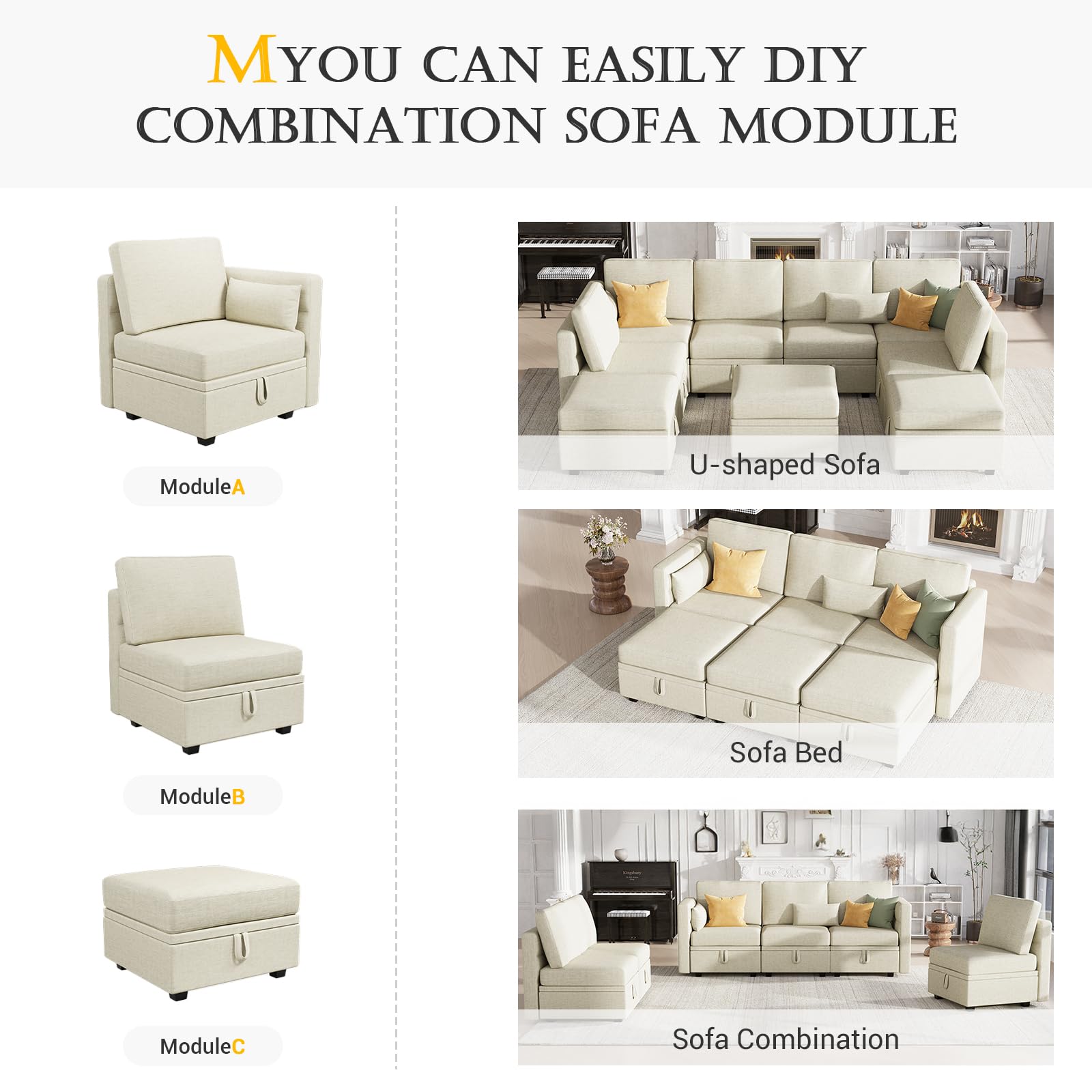 YOUDENOVA 25'' Modular Storage Ottoman Sectional Sofa Module Free Reversible Chaise Couch Convertible Ottoman Free Configuration Ottoman, Beige