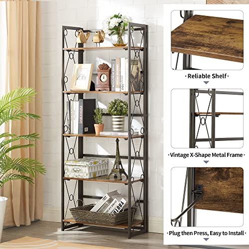 VECELO 5 Tier Folding Bookshelf, 2-Step Assembly Foldable Bookcase, Collapsible Book Shelves with Metal Lace X Frame and Anti-Toppling Design,Antique Brown,Set of 2