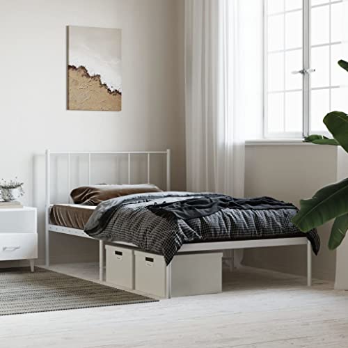 vidaXL Classic White Metal Bed Frame with Durable Powder-Coated Steel, Supportive Headboard, Robust Slats and Extra Storage Space β 39.4"x74.8"