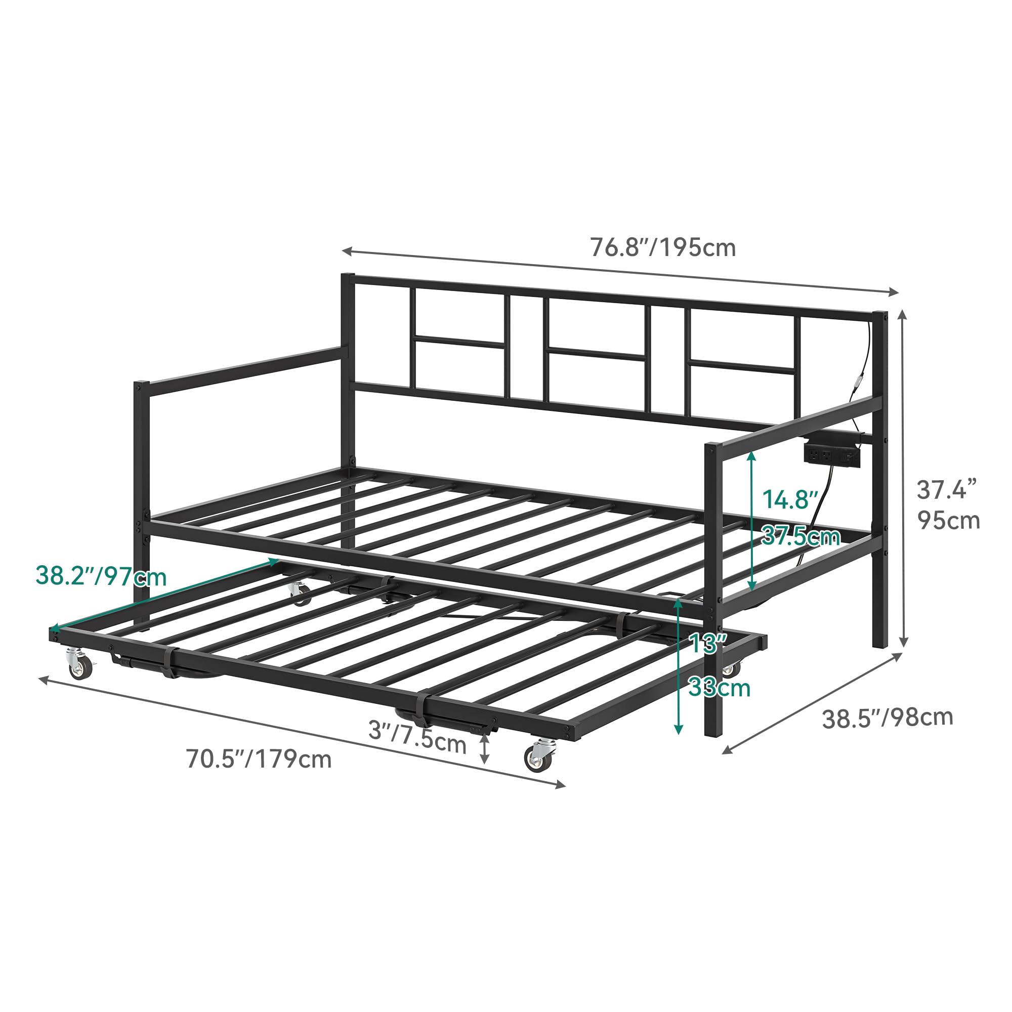 YITAHOME Twin Daybed with RGB LED Lights & Charging Station, Height Adjustable Day Bed Frame with Trundle, Versatile Metal Sofa Bed Frame for Bedroom, Living Room, Guest Room, Black