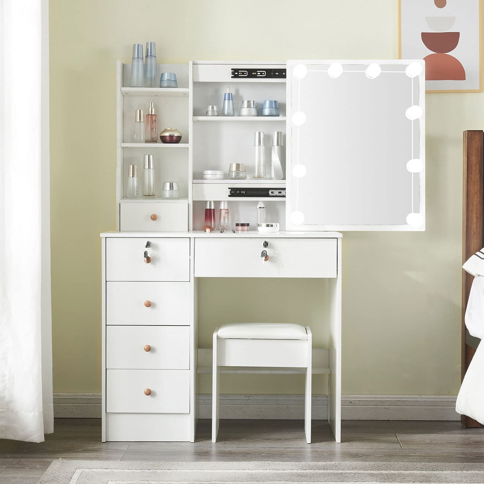 JBLCC Vanity Desk with Lights,Makeup Vanity with Sliding Mirror and 6 Drawers,3 Lighting Modes Adjustable Brightness,Girls Vanity Set,Makeup Vanity Table for Bedroom (Modern 05)