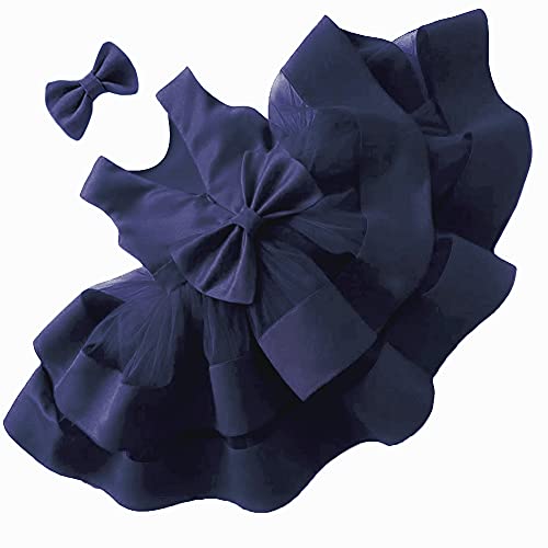 SkyPICK Girl Party Dress Bowknot Double Tullle with Headband 12M Navy Blue 7633