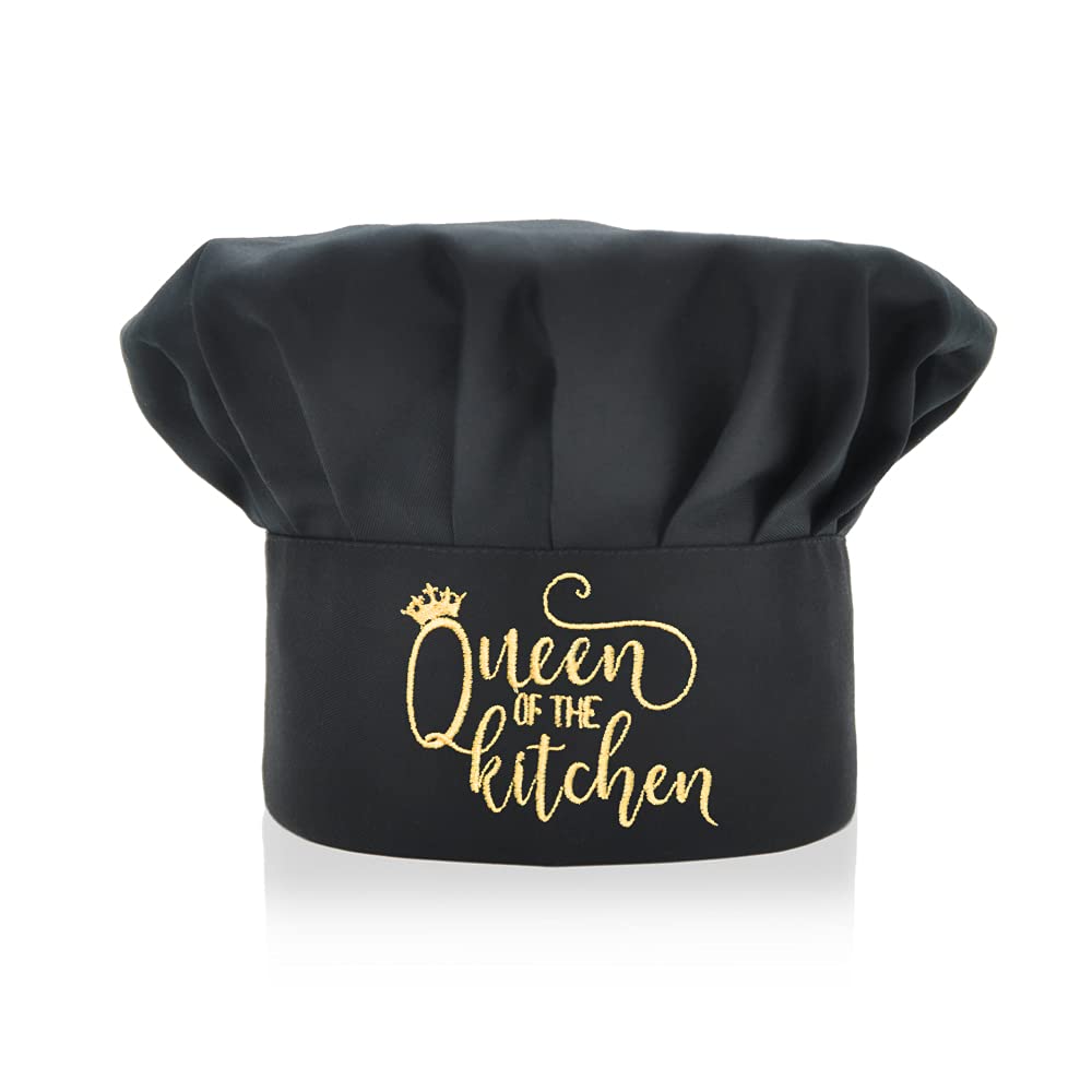 Queen of The Kitchen Chef Hat, Funny Chef Wear, Embroidered Design, Adjustable Kitchen Cooking Hat for Men & Women Black, Birthday for Mom Wife Girlfriend Aunt Grandma